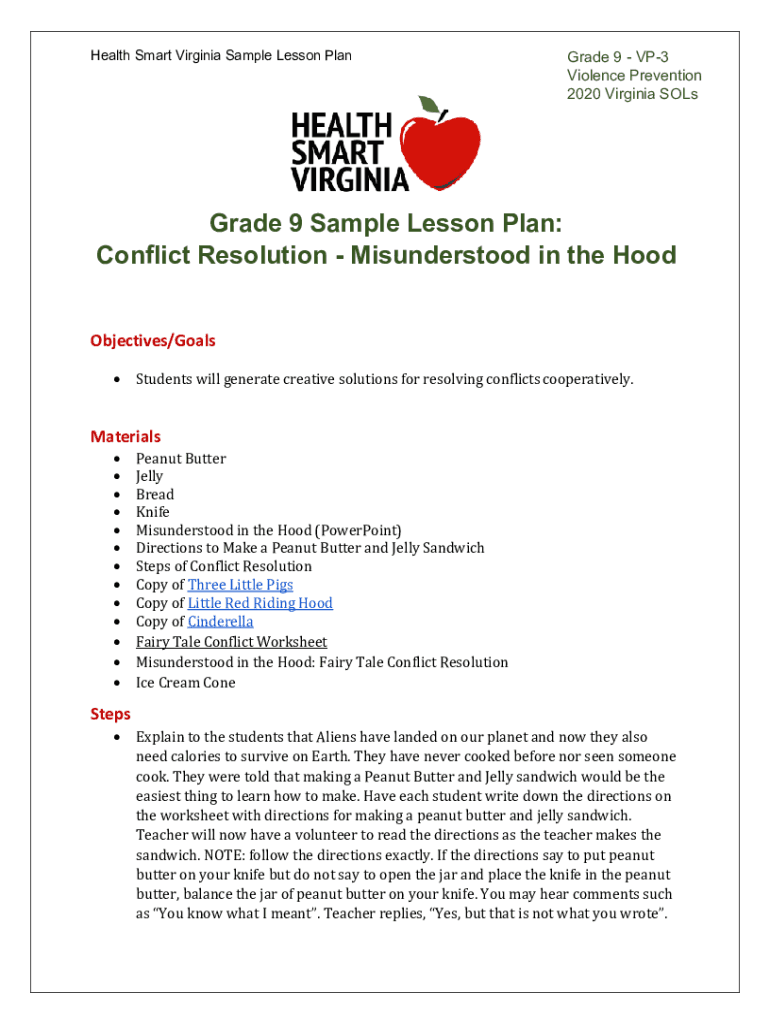 Fillable Online Grade 9 Sample Lesson Plan: Unit 3Conflict Resolution ...