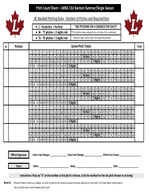 Fillable Online Pitch Count SheetLMBA 15U Bantam Summer/Single Season ...