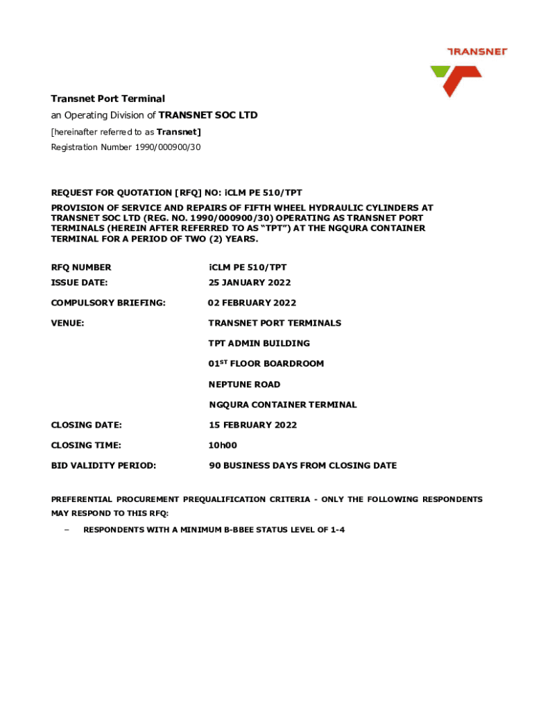 Fillable Online Transnet Request for Quotation No iCLM PE 510/TPT Fax ...