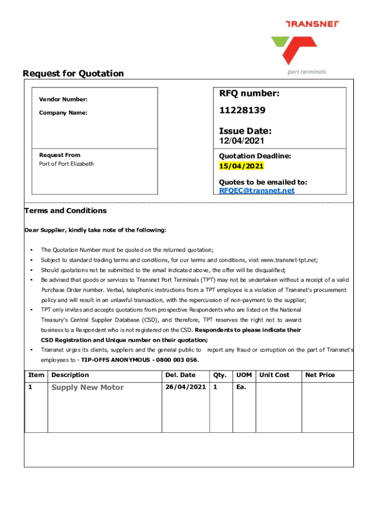 Fillable Online Request for Quotation RFQ number: 11228139 Issue Date ...