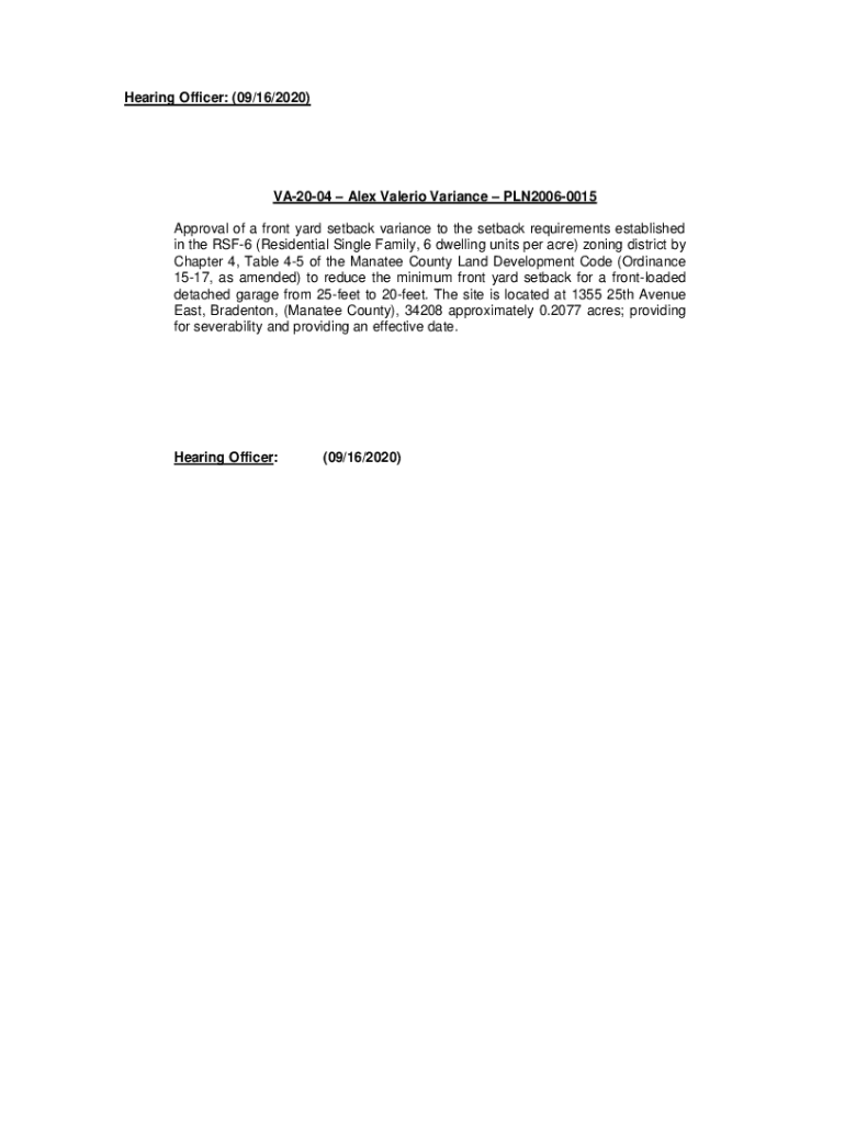 Fillable Online Alex Valerio VariancePLN2006-0015 Approval of a front ...