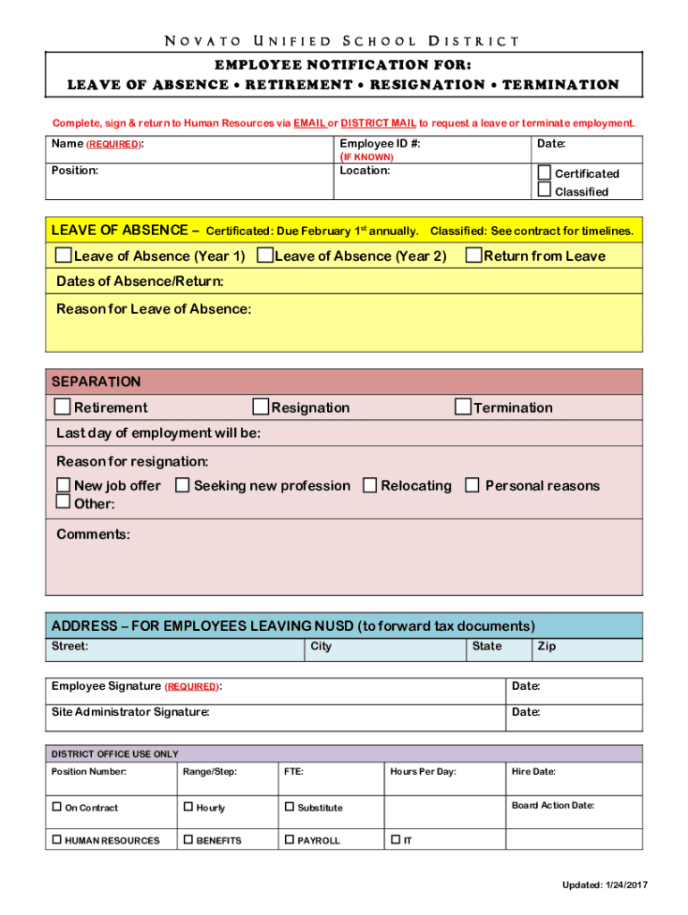Fillable Online leave of absenceretirementresignationtermination Fax ...