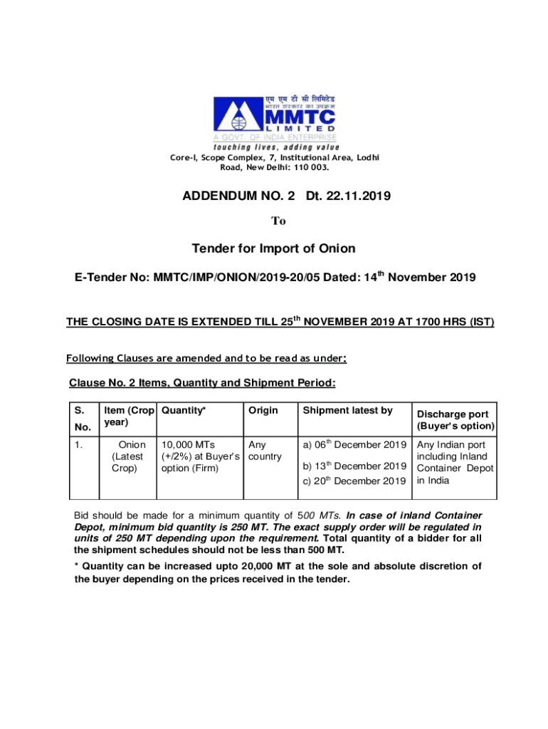 Fillable Online ADDENDUM NO. 2 Dt. 22.11.2019 Tender for Import of ...