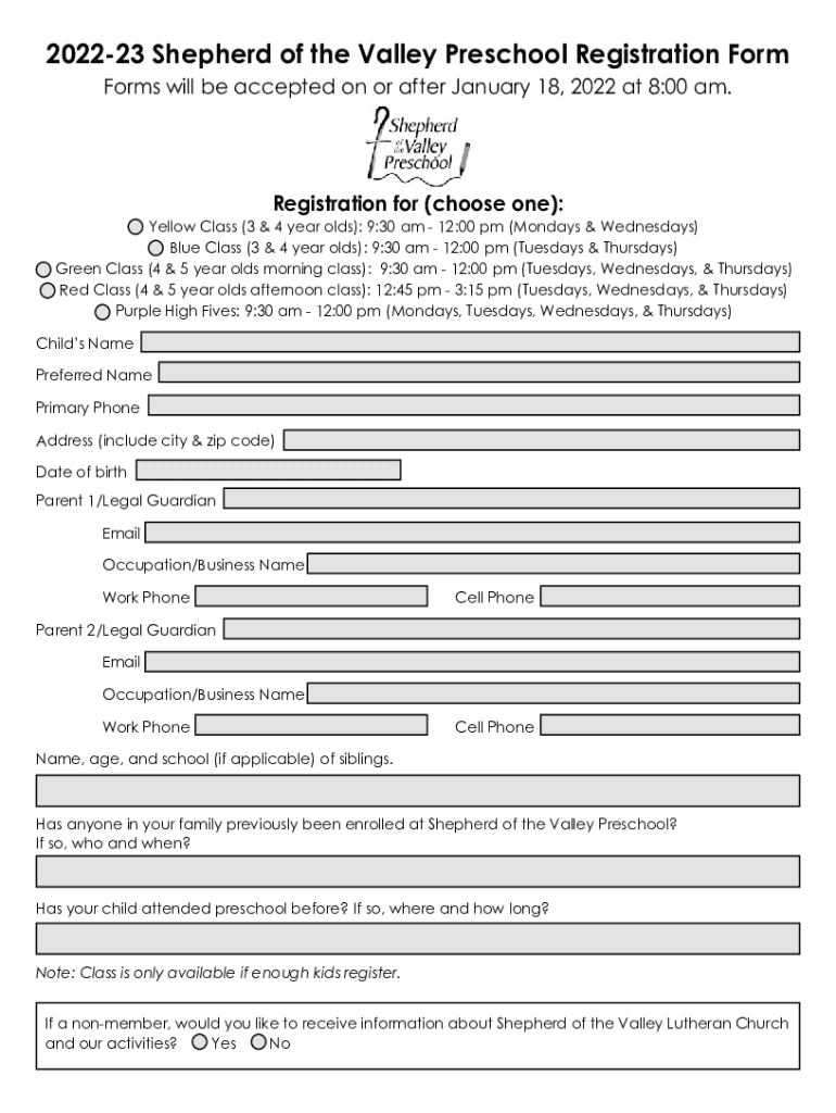 Fillable Online 2022-23 Shepherd of the Valley Preschool Registration Form Fax Email Print ...