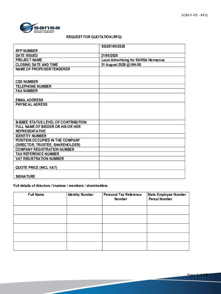 Fillable Online SCM-F-05 - RFQ Page 1 of 10 REQUEST FOR QUOTATION ...