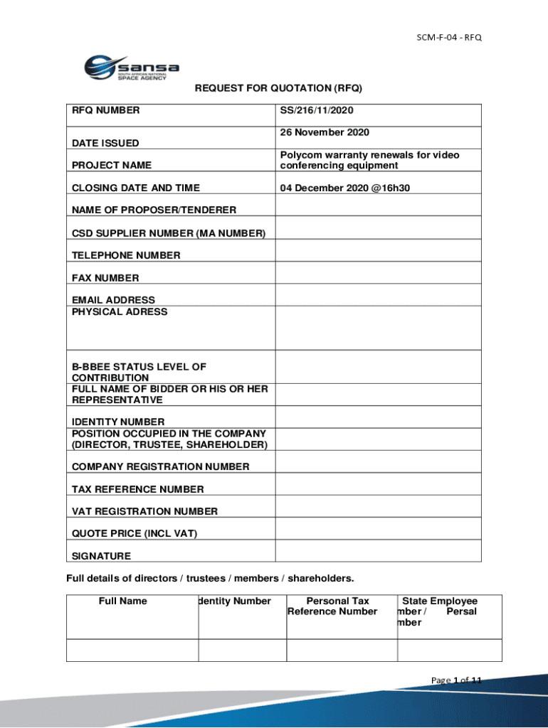 Fillable Online SCM-F-04 - RFQ Page 1 of 11 REQUEST FOR QUOTATION ... Fax Email Print - pdfFiller