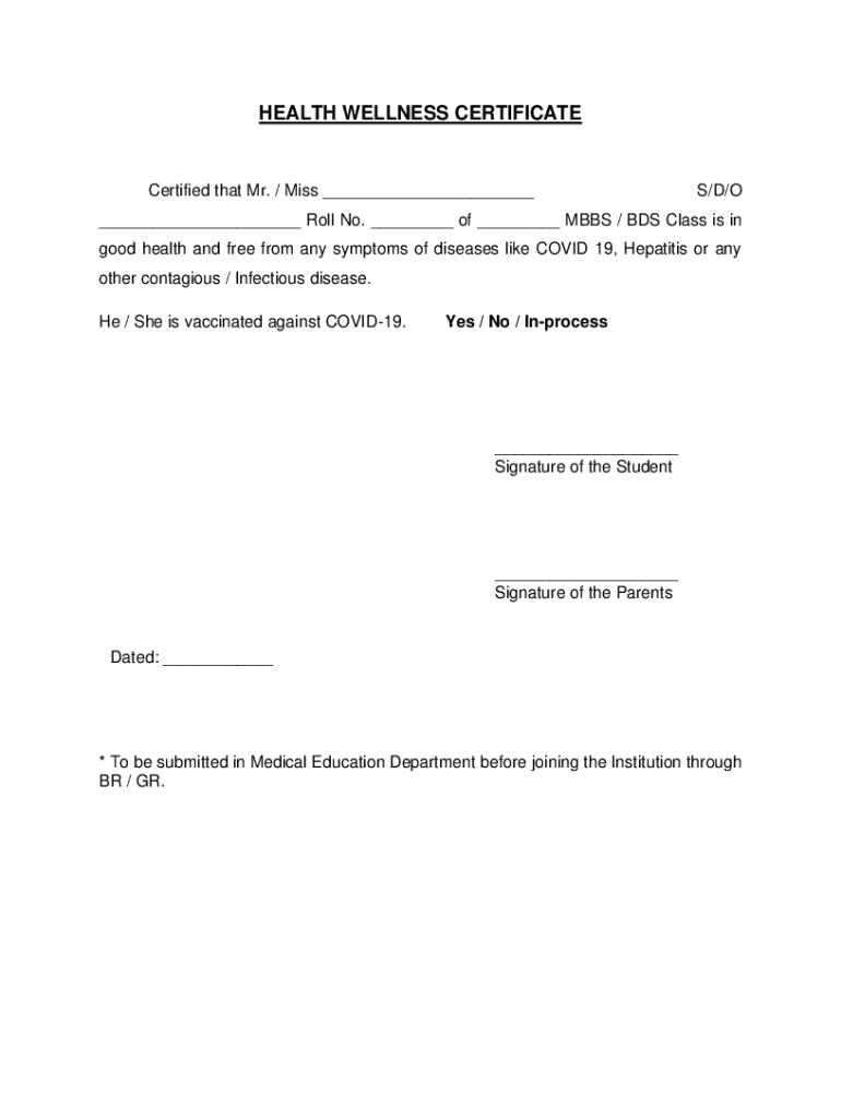 Fillable Online HEALTH WELLNESS CERTIFICATE Fax Email Print - pdfFiller