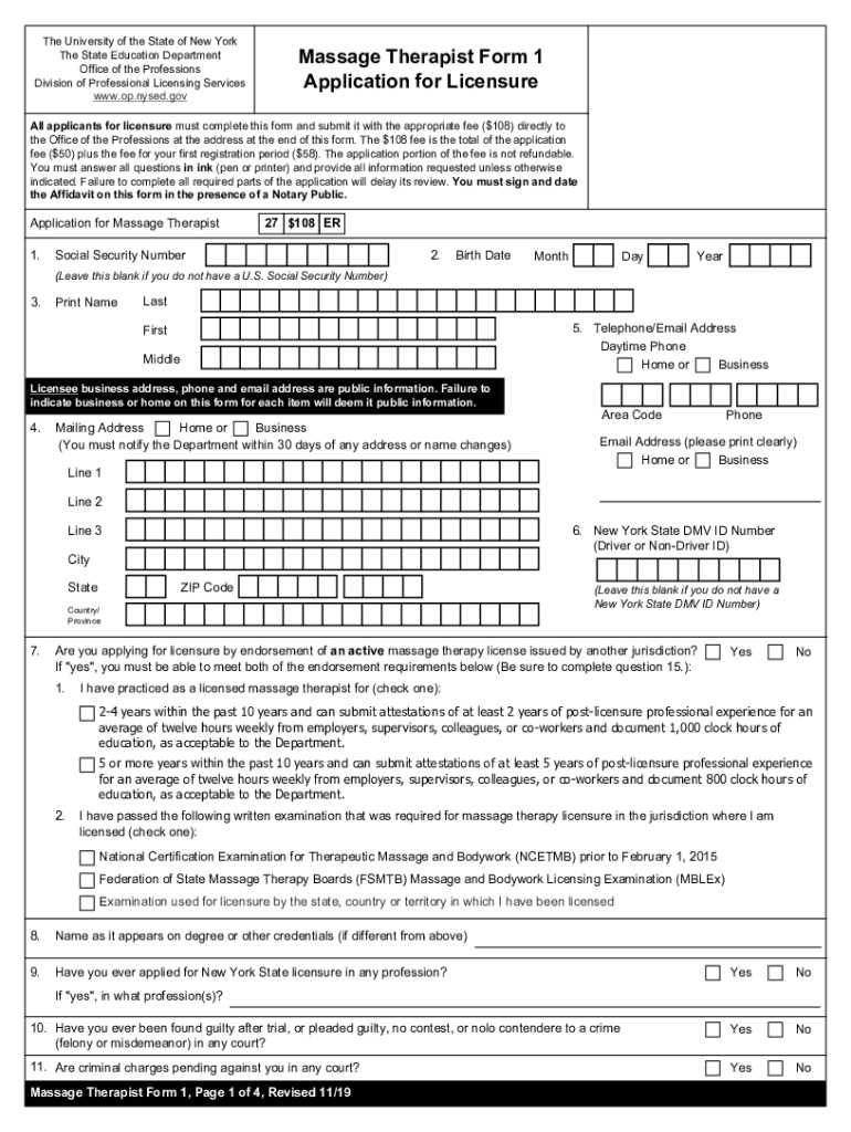Fillable Online op nysed Massage Therapist Form 1 Application for ...