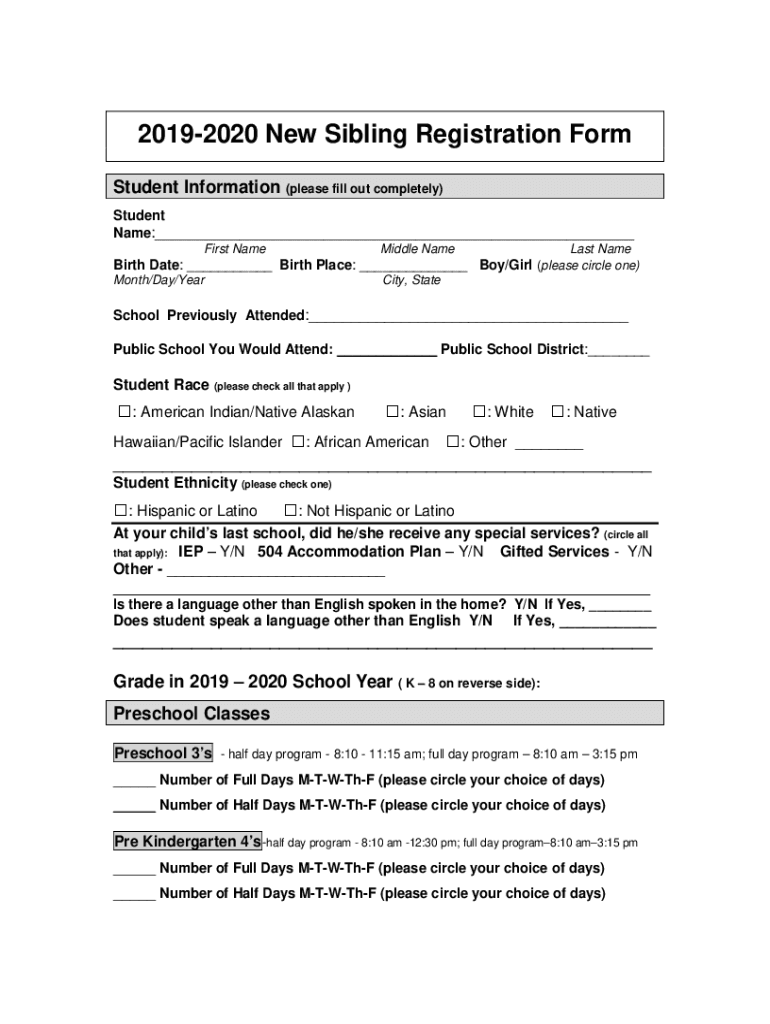 Fillable Online 2019-2020 New Sibling Registration Form Fax Email Print ...