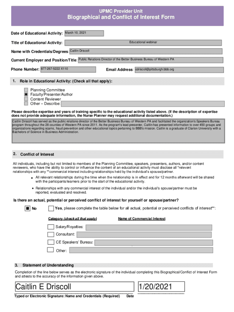 Fillable Online Patricia J. Raffaele COI Form Fax Email Print - pdfFiller