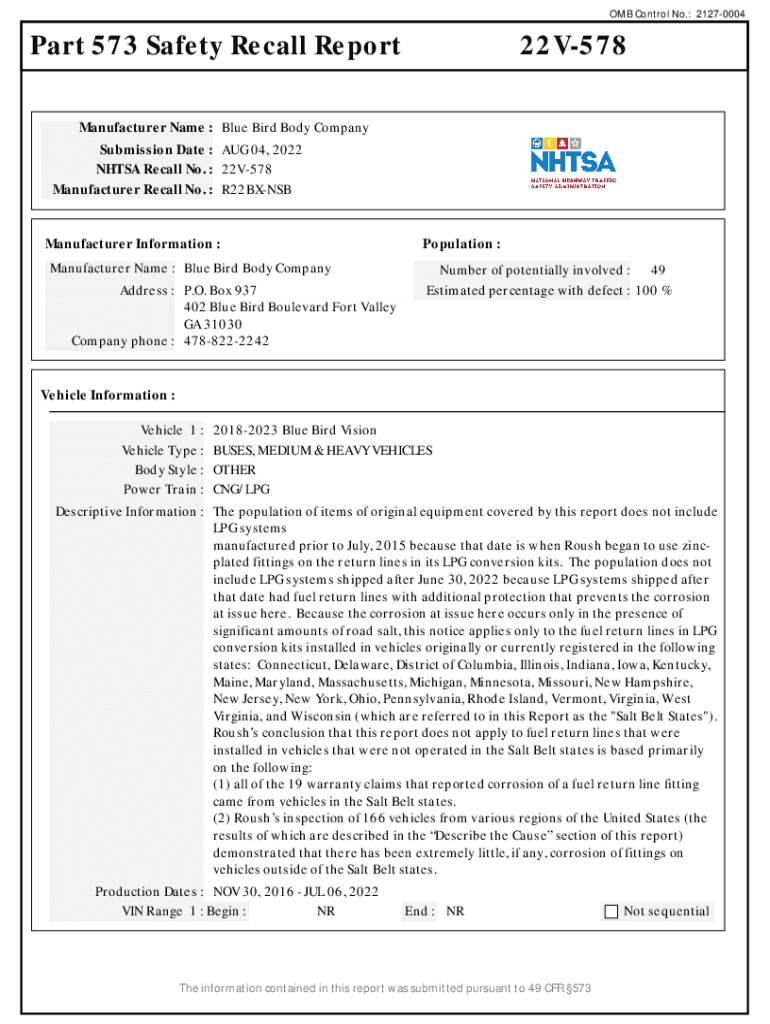 Fillable Online BLUE BIRD BODY COMPANY 3920 Arkwright Road ... - NHTSA ...