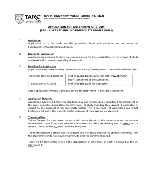 Fillable Online APPLICATION FOR DEFERMENT OF STUDY - TAR UC Fax Email ...