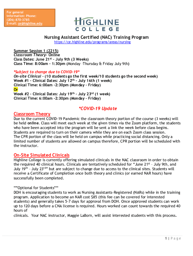 Fillable Online Program: Nursing Assistant Certificate - Highline ...