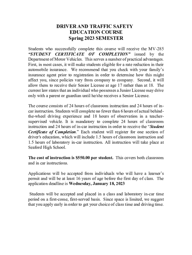 Fillable Online DRIVER AND TRAFFIC SAFETY EDUCATION COURSE ... Fax ...