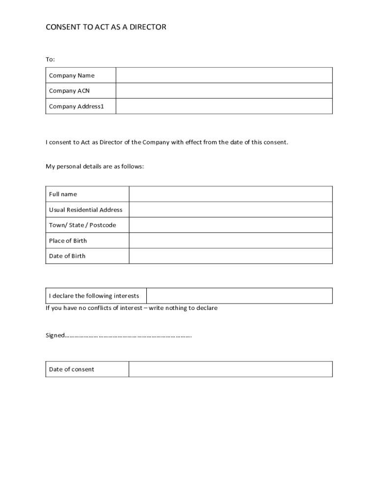 Fillable Online Consent to act as a company director or secretary Fax ...