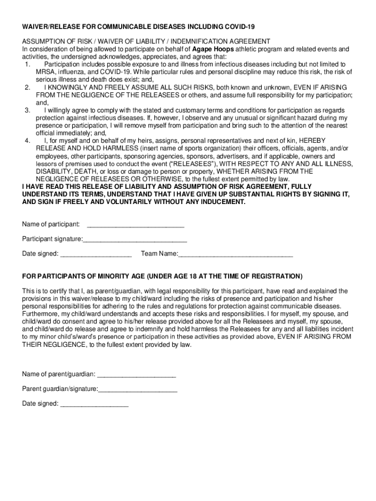 Fillable Online RELEASE, WAIVER AND HOLD HARMLESS AGREEMENT ... Fax ...