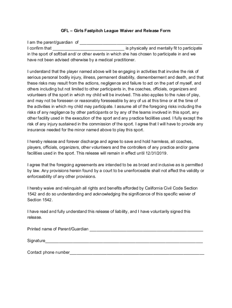 Fillable Online GFLGirls Fastpitch League Waiver and Release Form Fax Email Print - pdfFiller