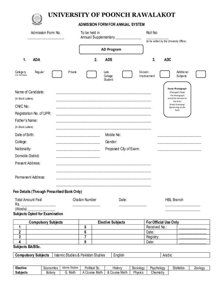 Fillable Online upr edu Annual System Admission Form for AD ADS ADC ...