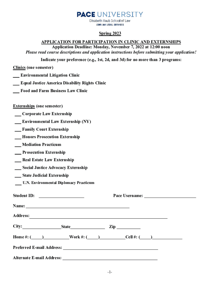 Fillable Online law pace Clinic and Externship Application Deadlines Fax Email Print - pdfFiller