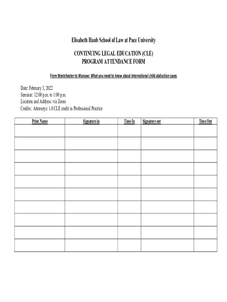 Fillable Online law pace CLE Attendance form for Feb.3 Child Abduction Laws CLE4.docx Fax Email ...