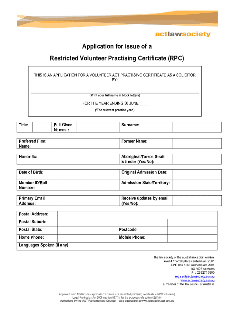 Fillable Online this is an application for an act practising certificate as a ... Fax Email ...