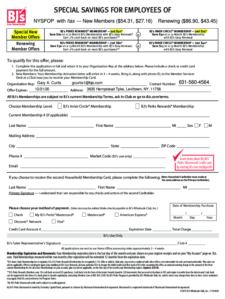 Fillable Online BJ's Membership Application - New York State FOP Fax ...
