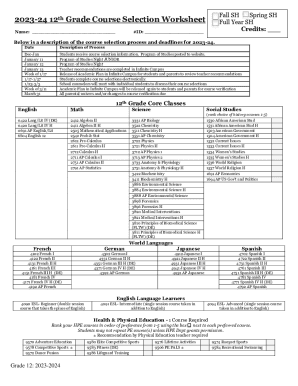 Fillable Online 12th Grade Course Selection Worksheet Fax Email Print ...