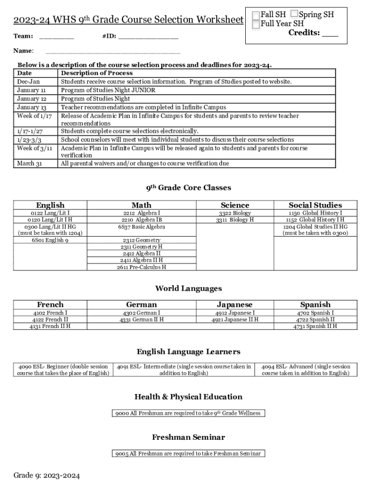 Fillable Online Entering 9th Grade Course Selection Sheet 2023 - 2024 ...