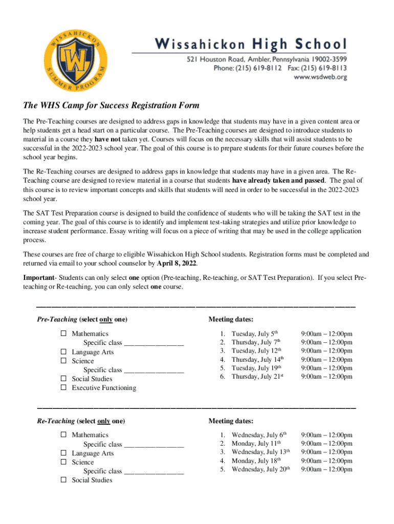 Fillable Online The WHS Camp for Success Registration Form Fax Email ...