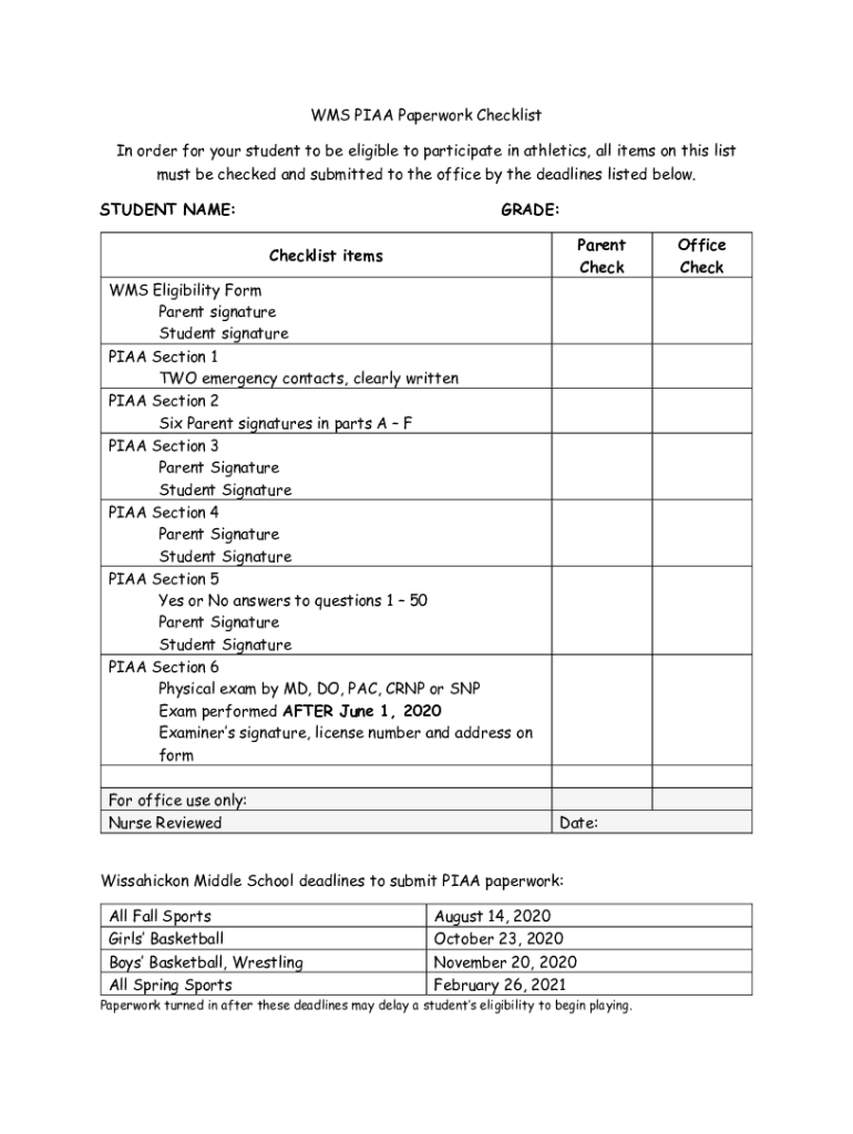 Fillable Online WMS PIAA Paperwork Checklist - Wissahickon School ...