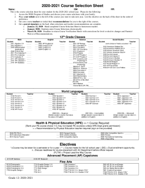 Fillable Online 2020-21 Course Selection Sheet - 9th Grade (WEB) Fax ...