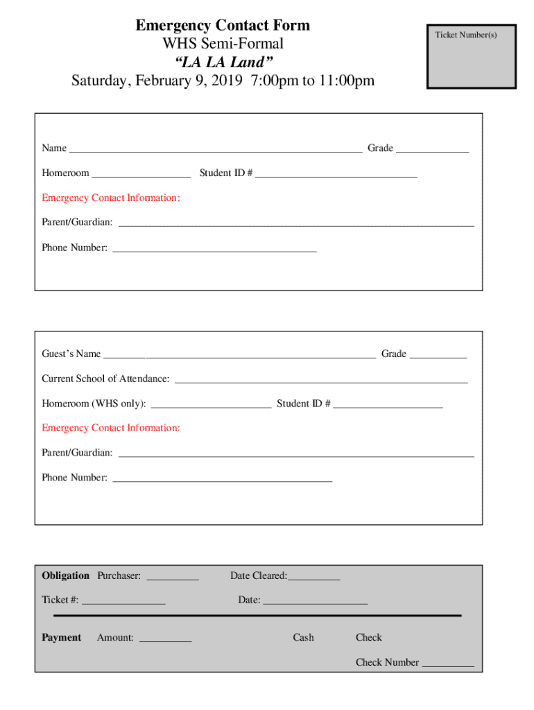 Fillable Online Emergency Contact Form WHS Semi-Formal LA LA Land ...