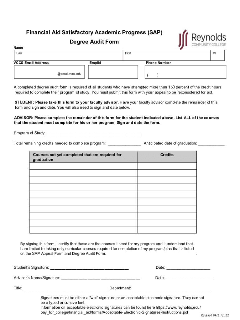 Fillable Online Satisfactory Academic Progress (SAP) Degree Audit Form Fax Email Print - pdfFiller