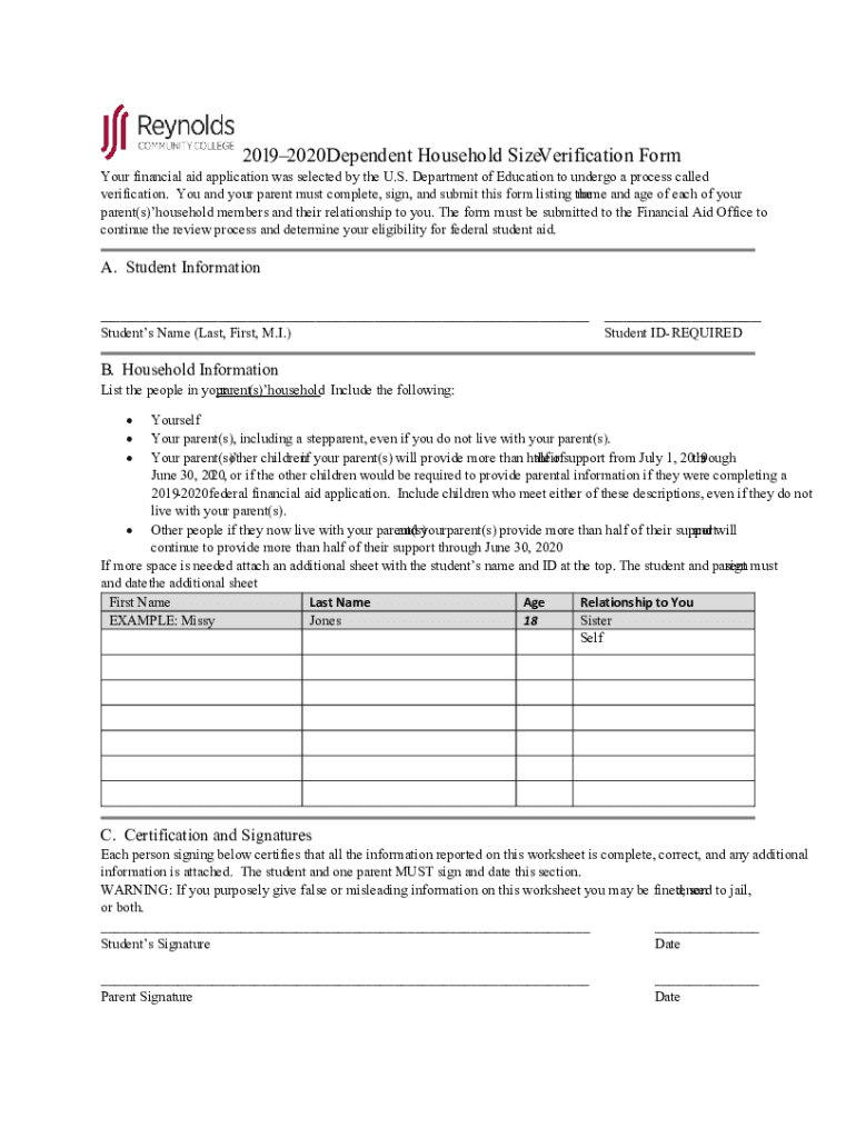 Fillable Online Fillable 20192020 Dependent Household Size Verification ...
