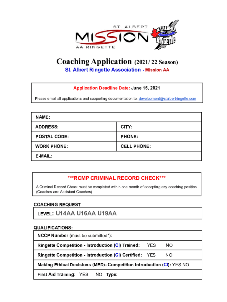 Fillable Online Coaching Applications - St. Albert Ringette Association ...