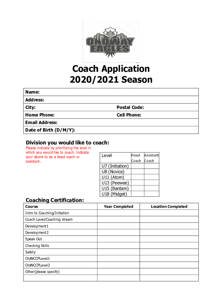 Fillable Online COACHING APPLICATION FORM Personal Information: Name ...