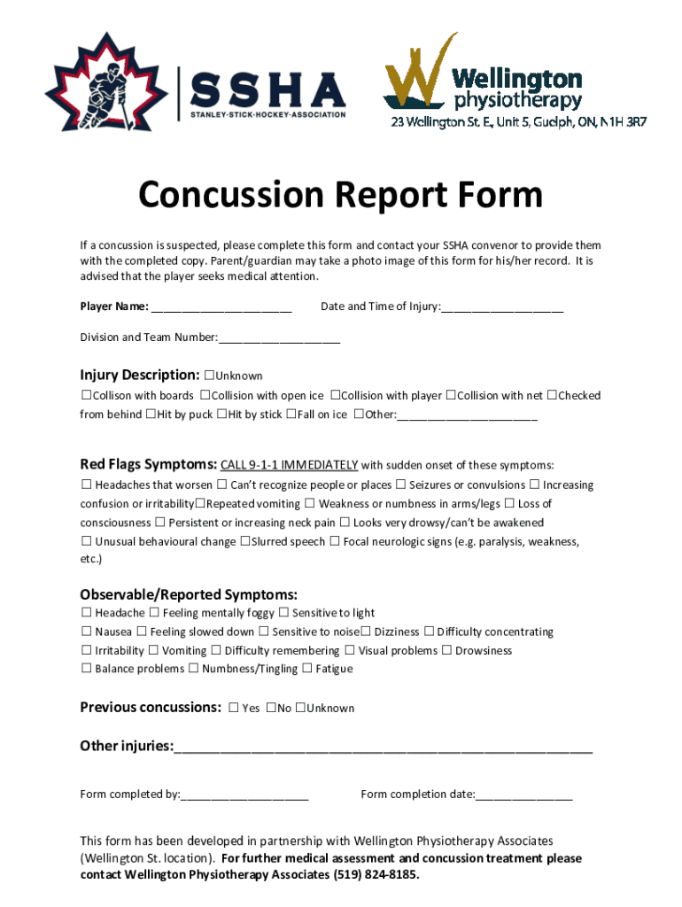 Fillable Online SSHA Concussion Protocol Report Form 2019 Fax Email ...