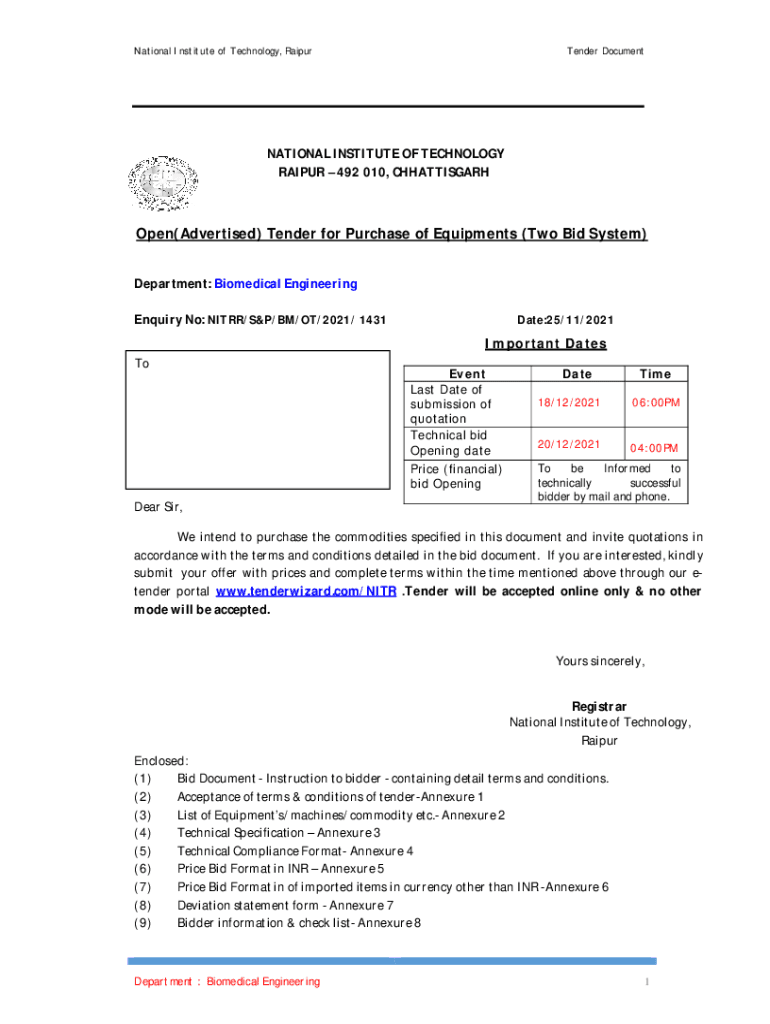 Fillable Online Open(Advertised) Tender for Purchase of Equipments (Two ... Fax Email Print ...