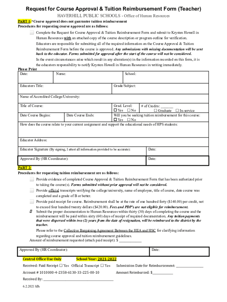 Fillable Online Course Approval Tuition Reimbursement Teacher FY22.docx Fax Email Print - pdfFiller