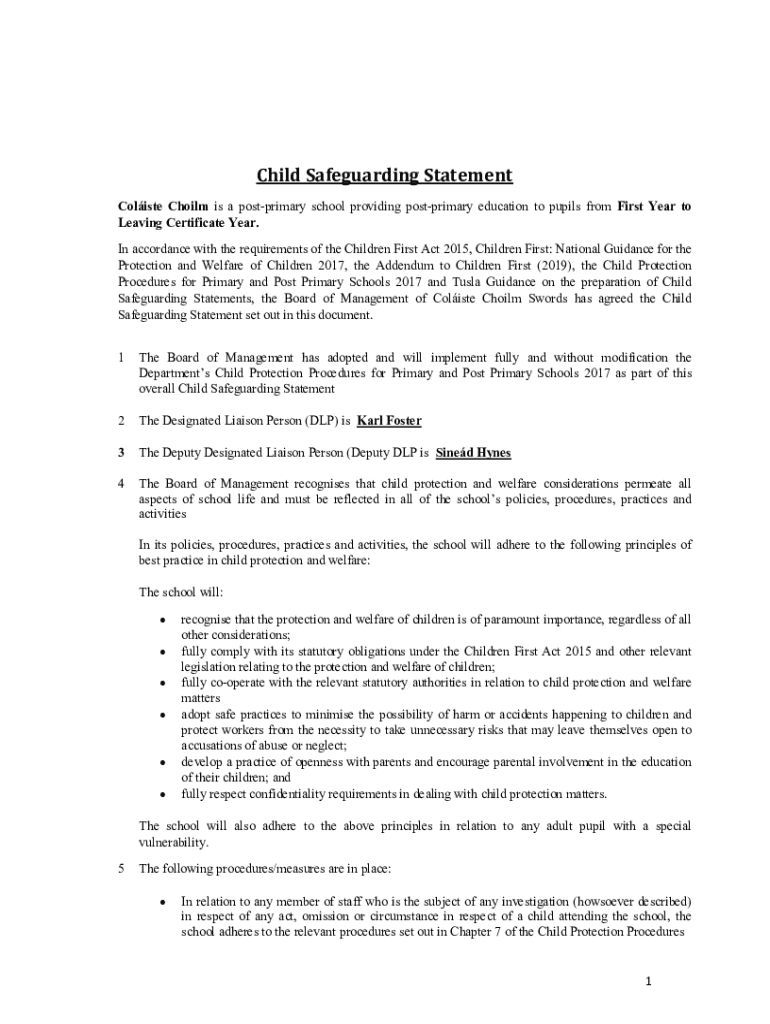 Fillable Online Child Safeguarding Statement - Roscommon - Convent of ...