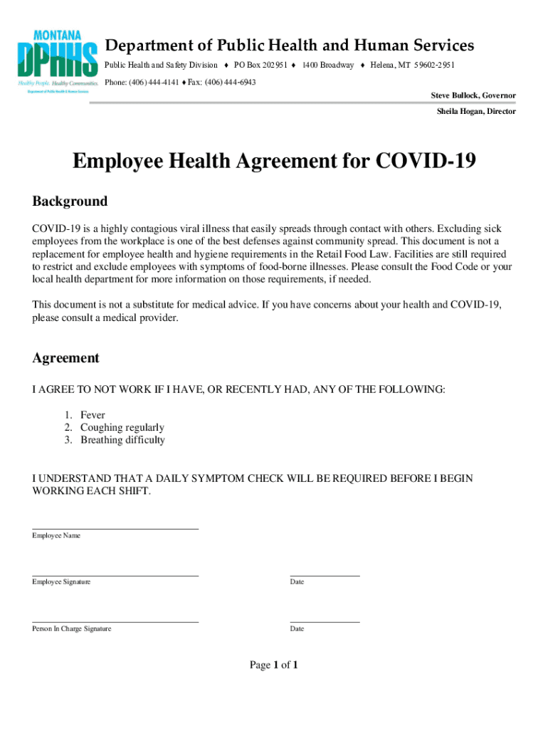 Fillable Online Employee Health Agreement for COVID-19 - dphhs Fax ...