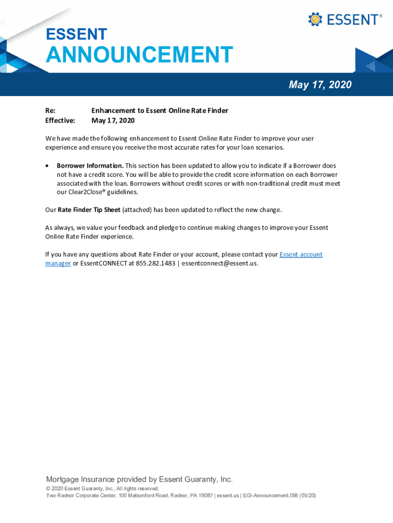 Fillable Online Enhancements to Essent Online MI Ordering and Rate ...