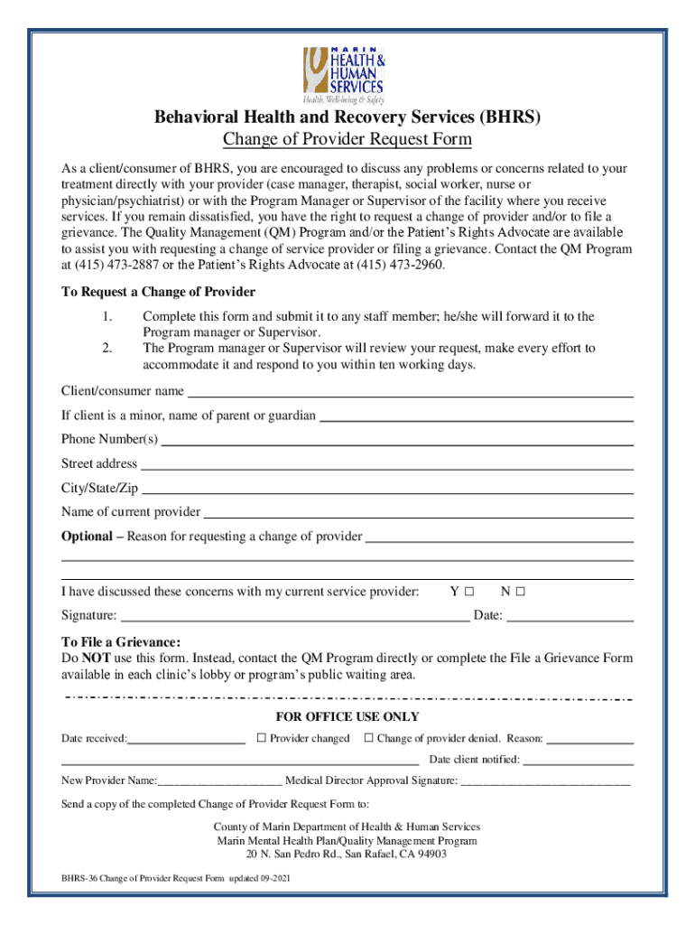 Fillable Online Behavioral Health and Recovery Services (BHRS) Change ...