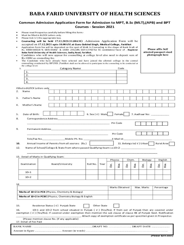 Fillable Online Admission-form MLT ,APB & BPT 1 Fax Email Print - pdfFiller