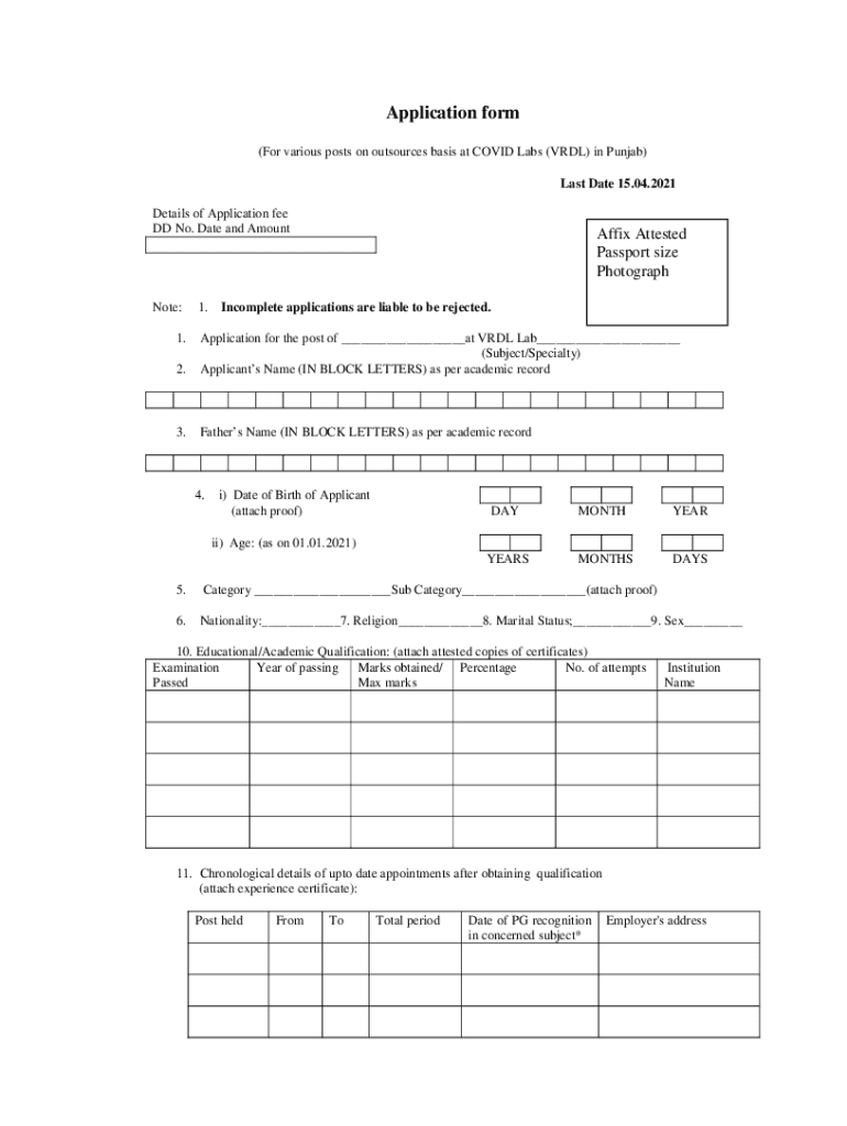 Fillable Online Application form - for posts VRDL Labs Punjab Fax Email ...