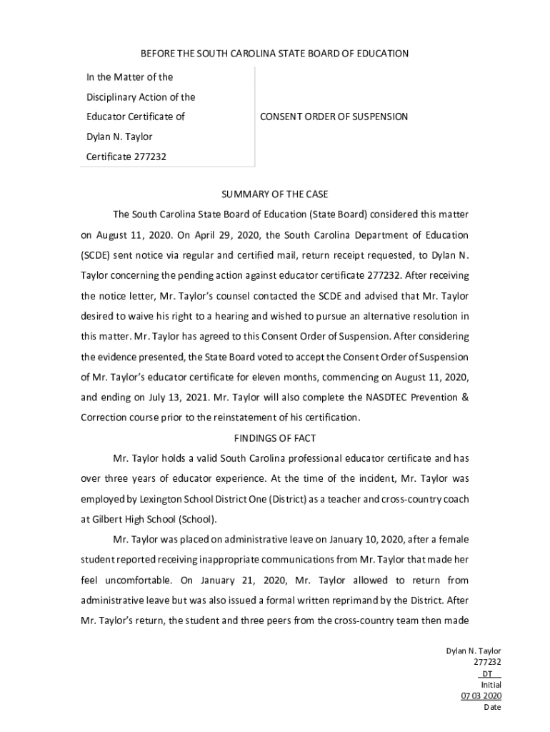 Fillable Online State Board of Education Orders of Disciplinary Action ...