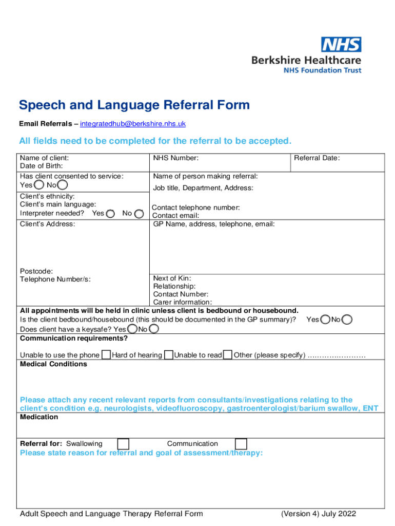 Fillable Online 1 REFERRAL FORM Patient's name: NHS No: D.O.B Fax Email ...