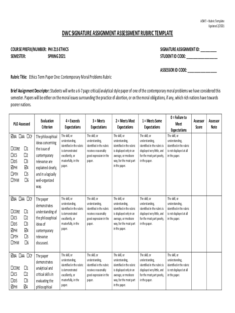 Fillable Online DWC SIGNATURE ASSIGNMENT ASSESSMENT RUBRIC ... Fax ...