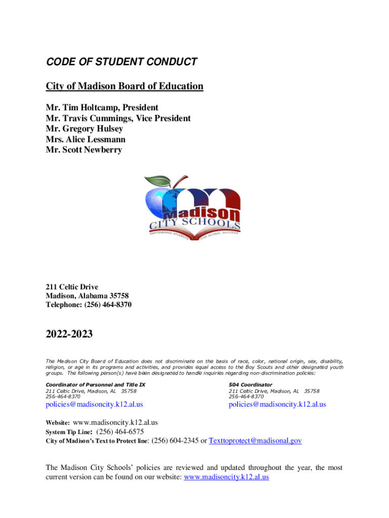 Fillable Online CODE OF STUDENT CONDUCT City of Madison Board of ...