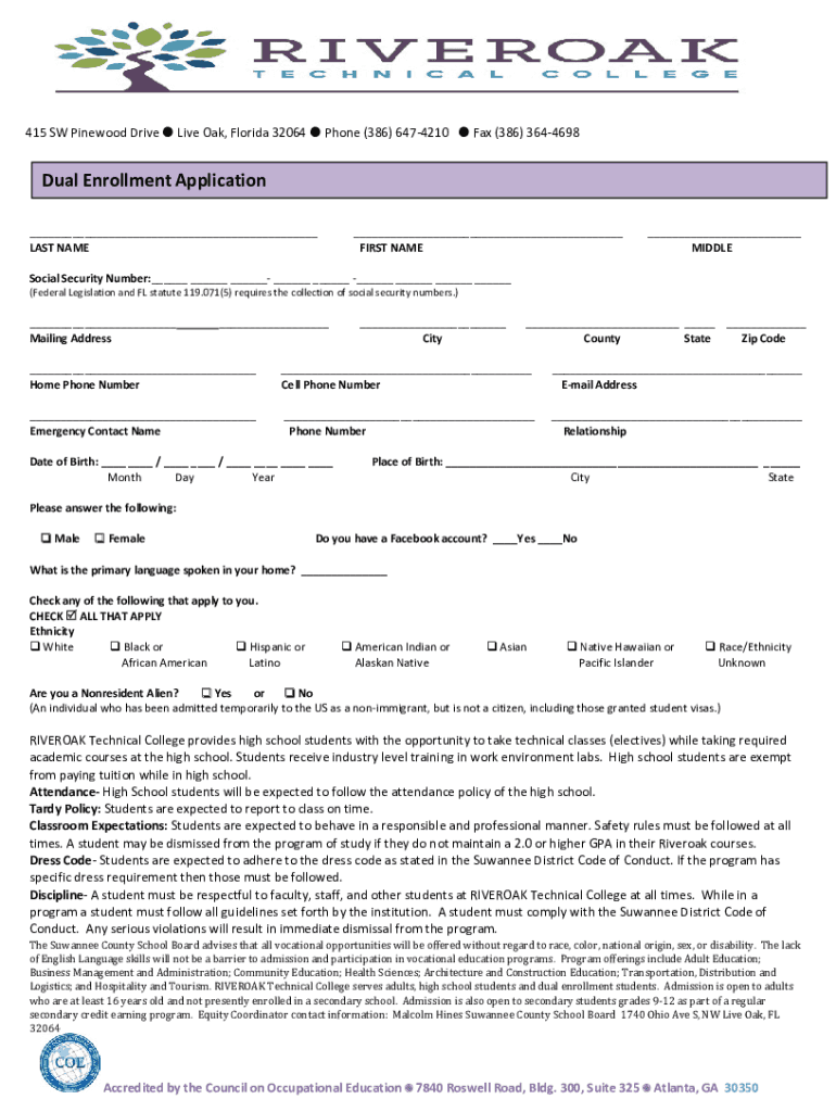 Fillable Online Dual Enrollment Application (9th Grade) Fax Email Print ...